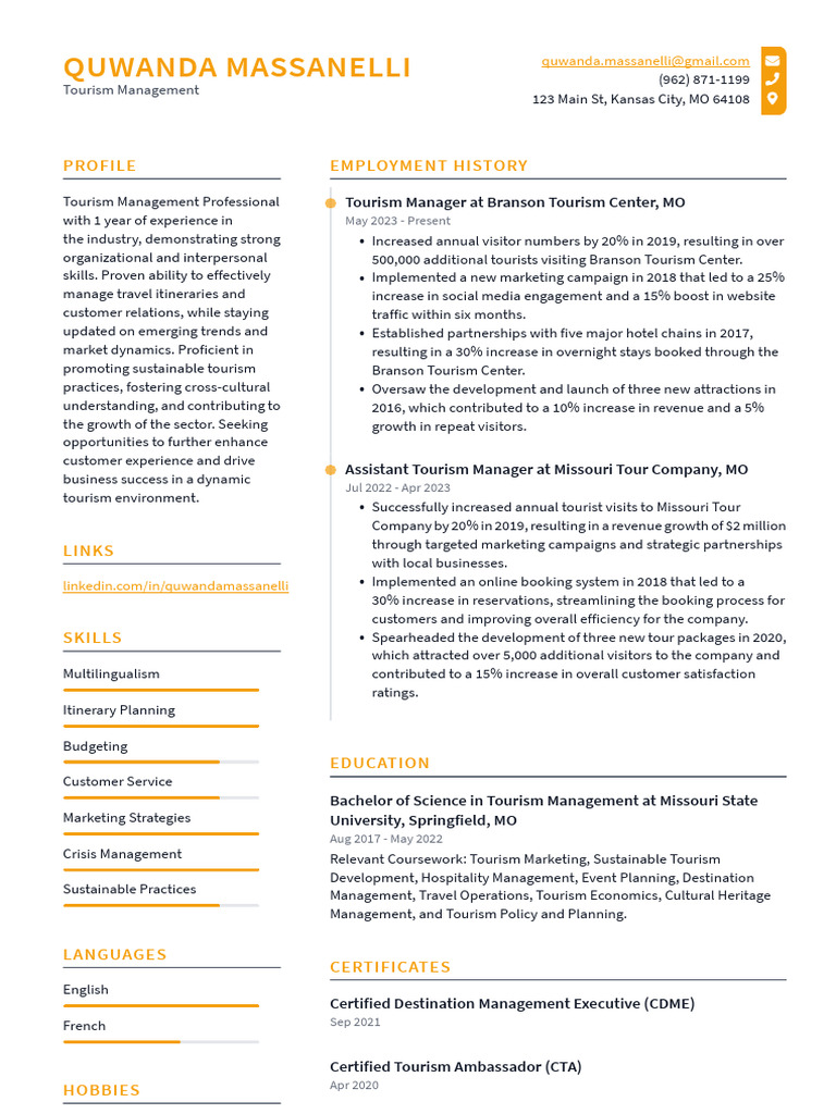 Tourism Management Resume Example | PDF | Tourism | Marketing