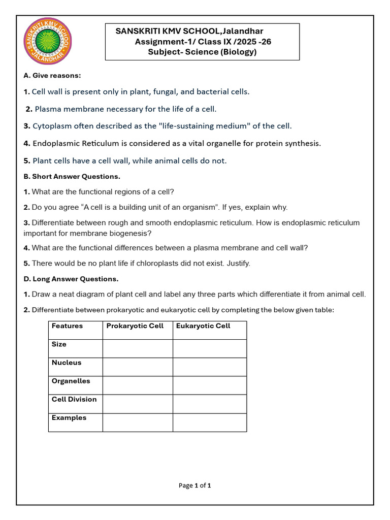 CLASS 9 Bio Worksheet-1 | PDF