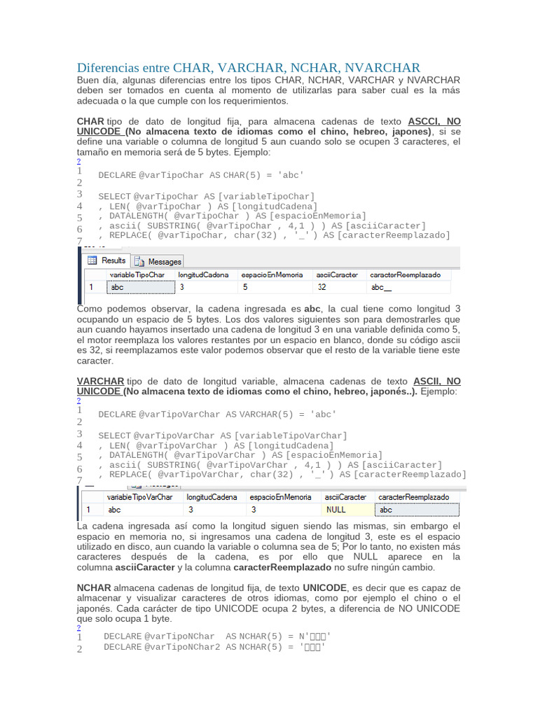 Diferencias entre CHAR, VARCHAR y NVARCHAR | PDF | Ascii | Variable ...