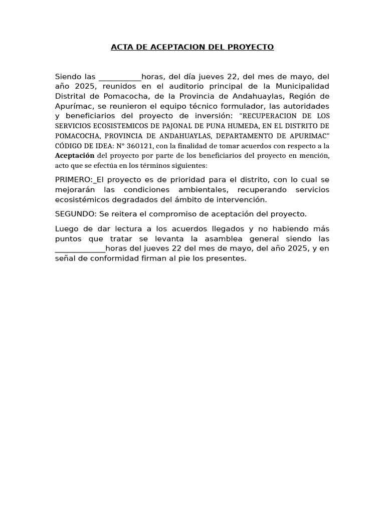 Acta de Aceptacion Del Proyecto | PDF