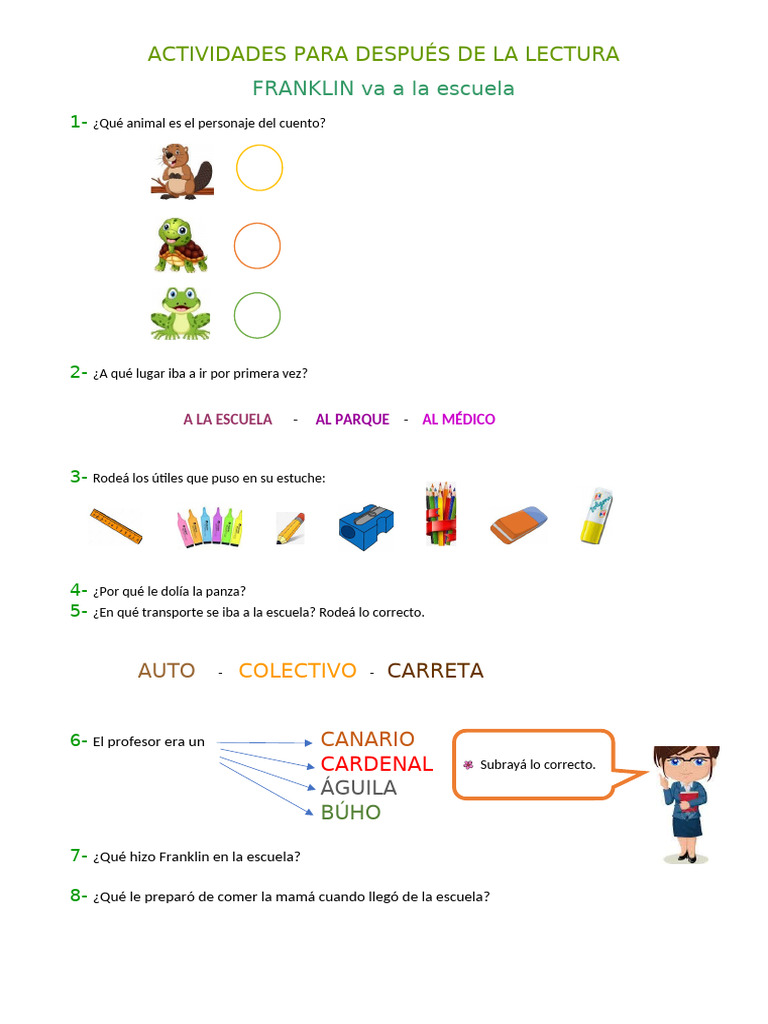 Actividades de Comprensión: Franklin en la Escuela | PDF