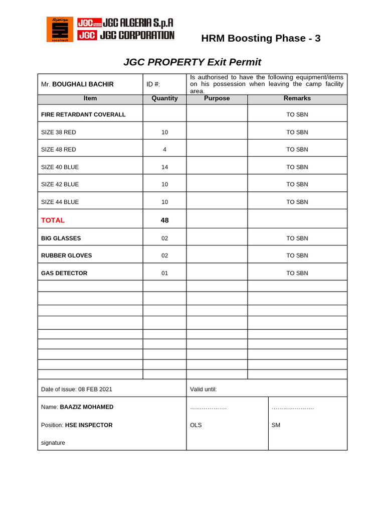 JGC Property Exit Permit Form | PDF
