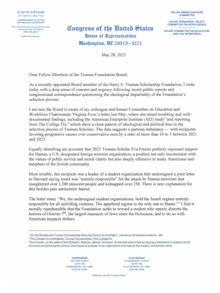 Letter From Rep. Elise Stefanik To The Truman Foundation 5/28/25 | PDF