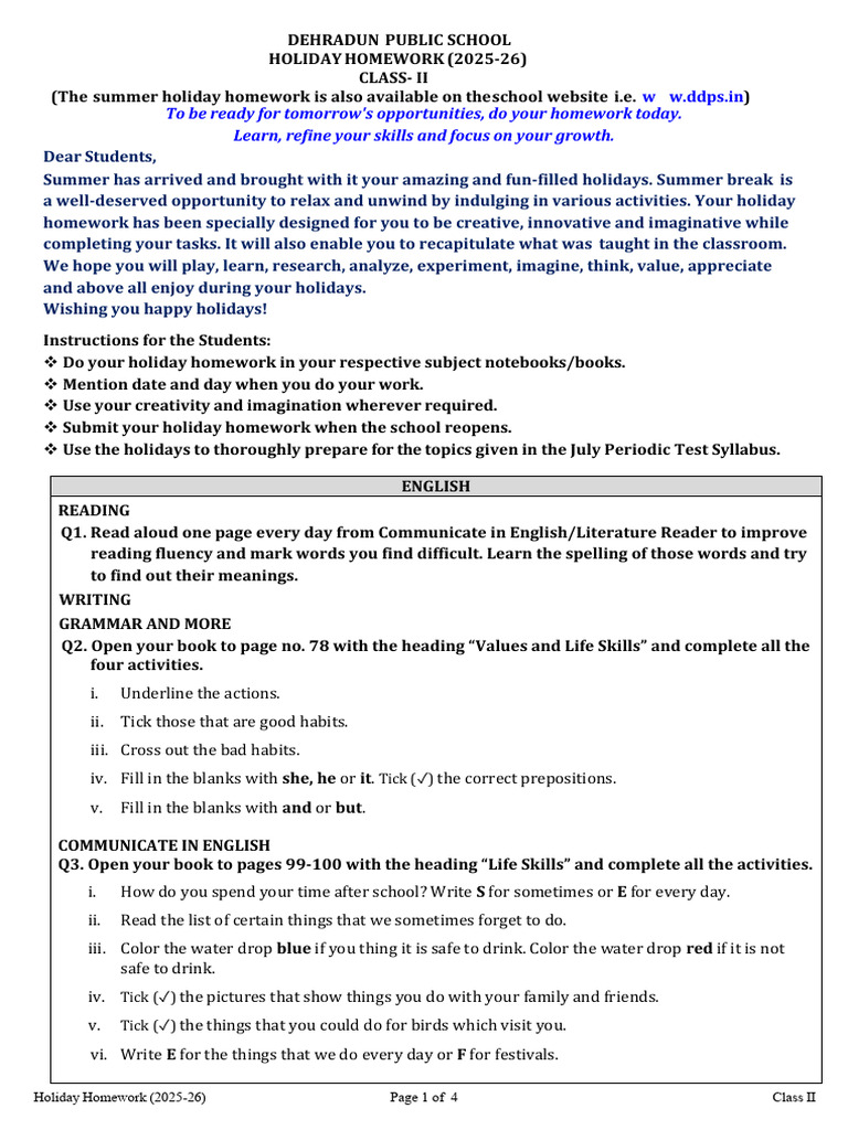 Class II HOLIDAY HOMEWORK-2 | PDF | Cognition | Human Communication