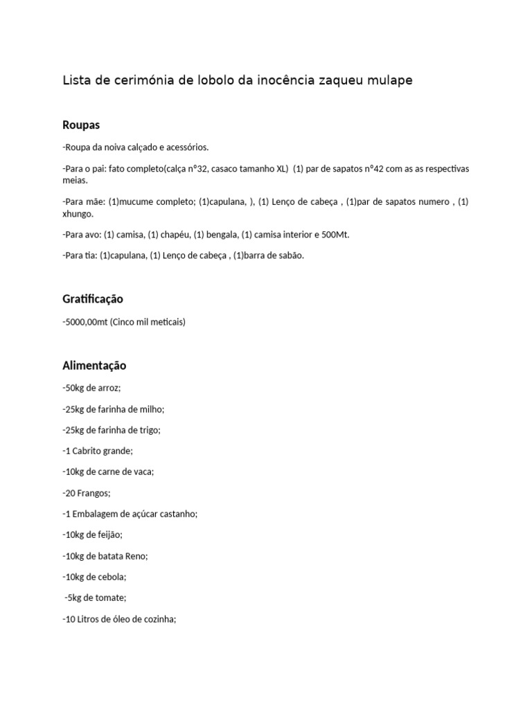 Lista de Cerimônia de Lobolo em Moçambique | PDF