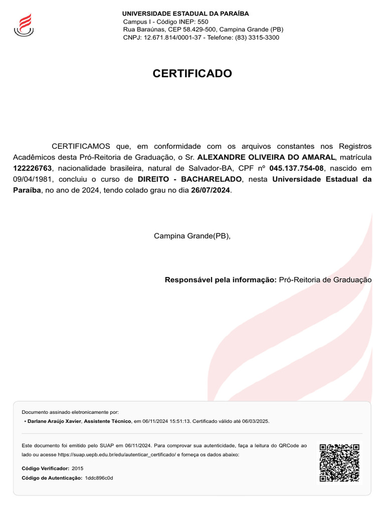Certificado de Conclusão em Direito | PDF