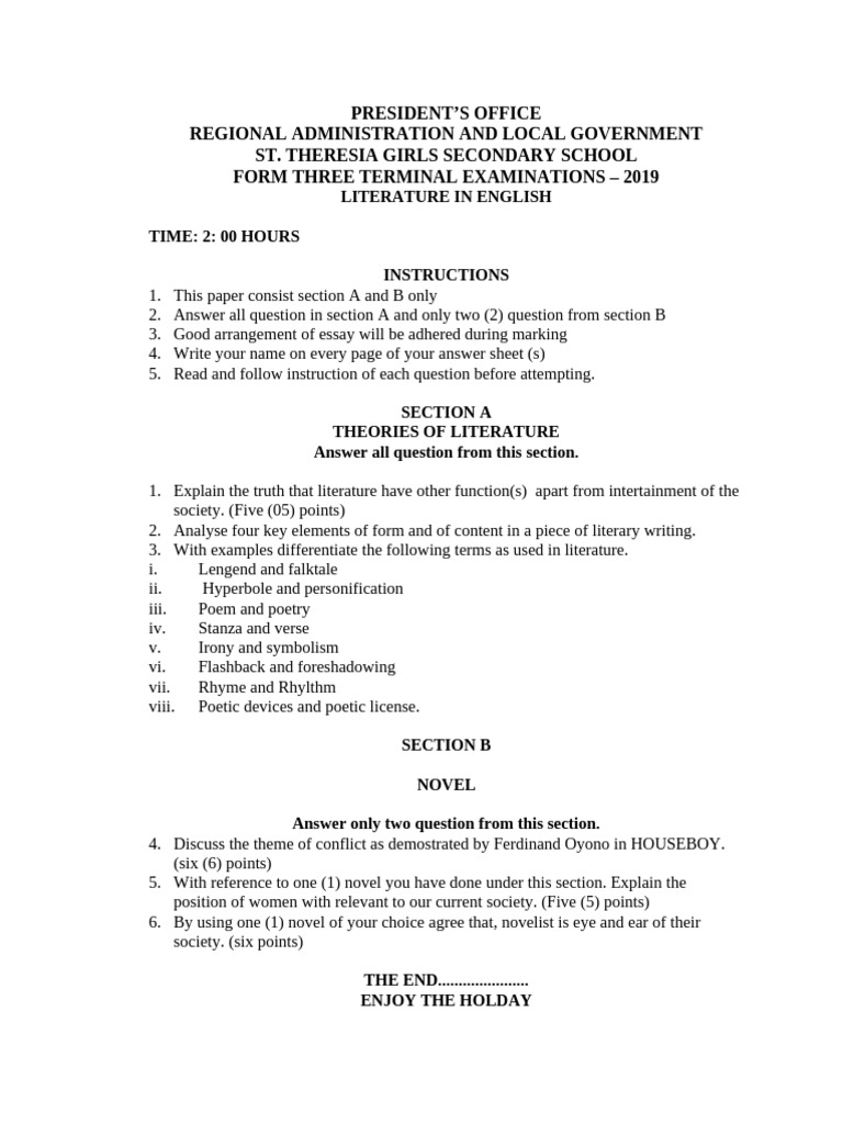 2019 Form Three Literature Exam Guide | PDF