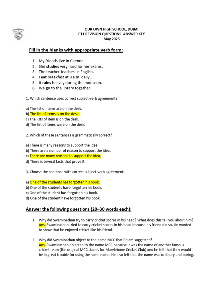 Grade 7 PT1 Revision Worksheet - Answer Key - May 2025 | PDF