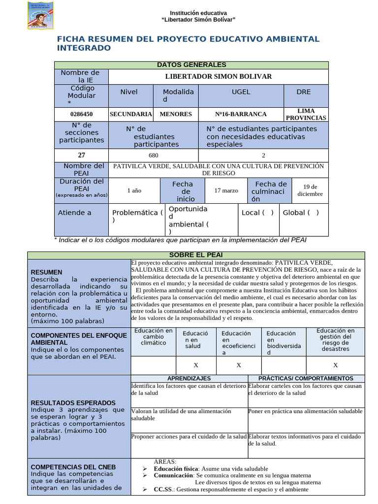 Ficha Resumen - Peai 2025 | PDF | Entorno natural