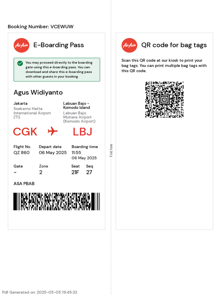 E-Boarding Pass QR Code For Bag Tags: Booking Number: VCEWUW | PDF