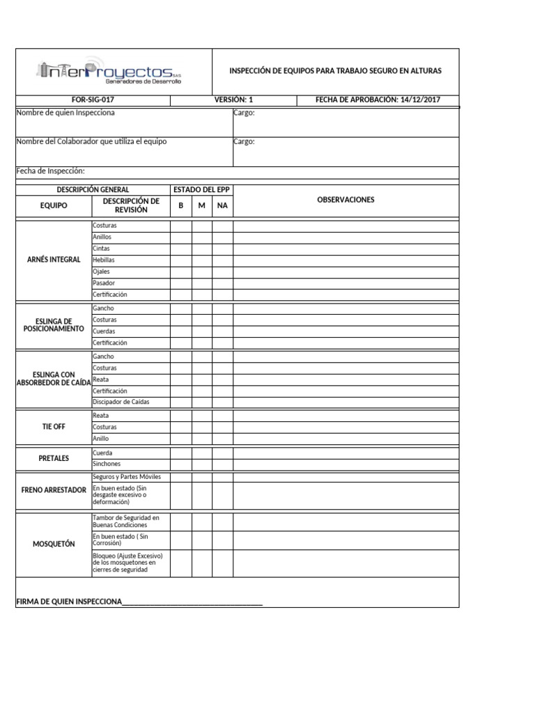 Inspección Equipos para Trabajo en Alturas | PDF | Escalada de roca