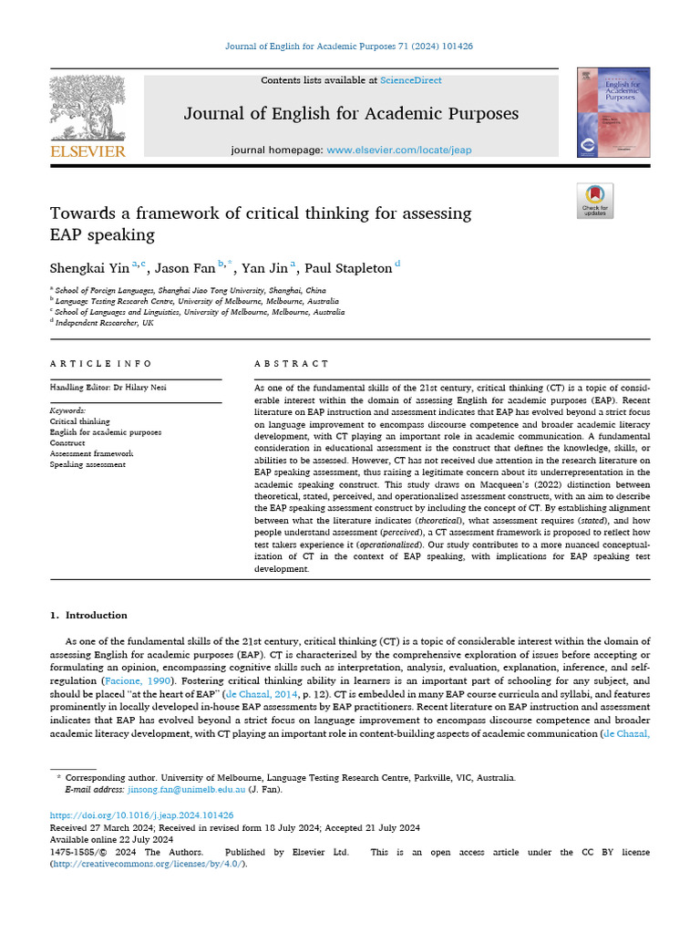 Towards A Framework of Critical Thinking For Assessing EAP Speaking ...