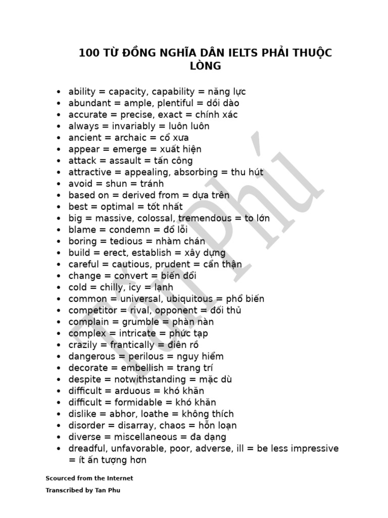 100 T Đ NG Nghĩa Dân Ielts PH I Thu C Lòng | PDF