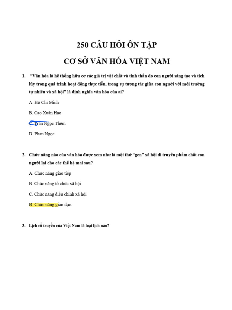 250 cau hoi trac nghiem CSVHVN | PDF