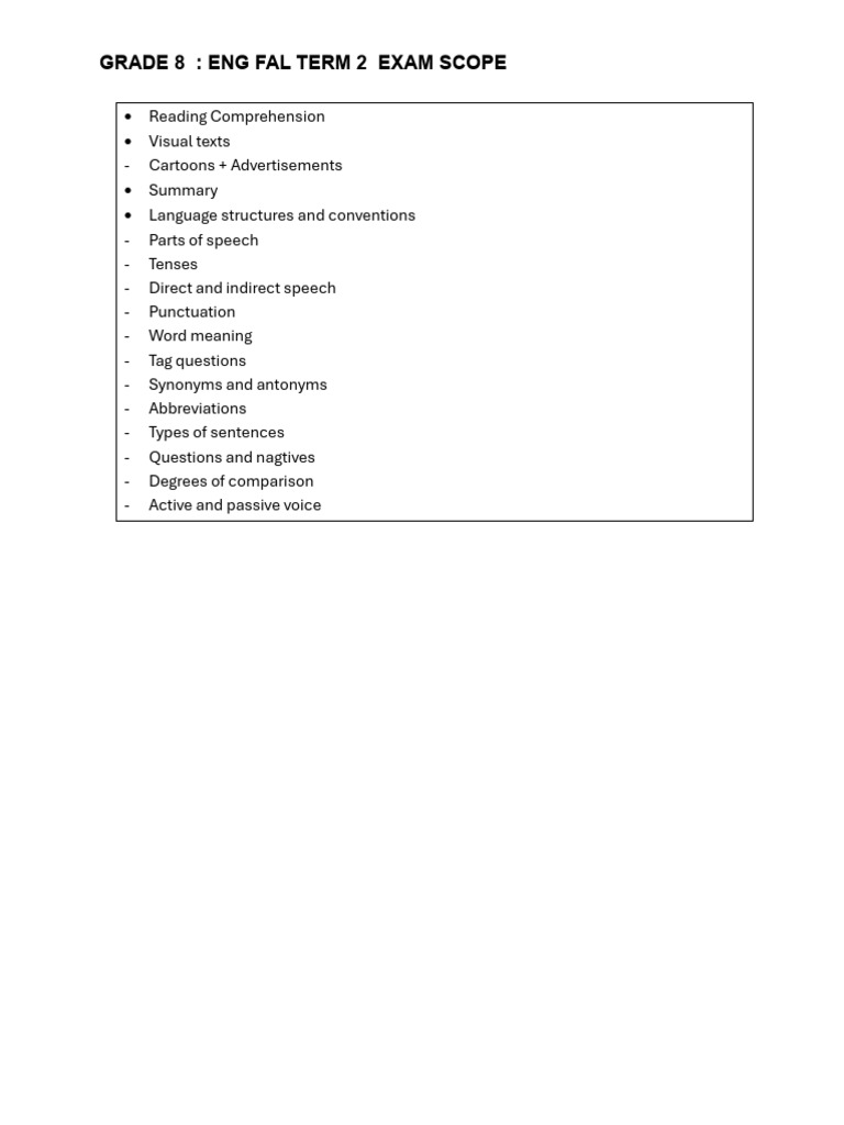 Grade 8 English FAL Term 2 Exam Scope | PDF