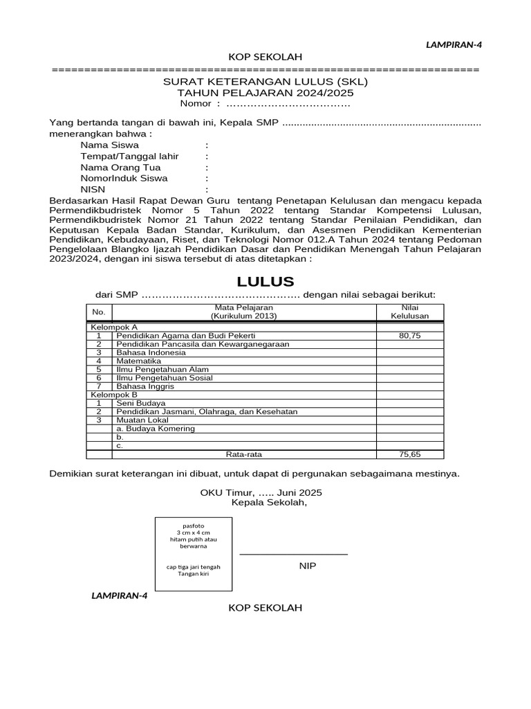 Lampiran 4 - SMP - CONTOH BLANGKO SKL OK | PDF
