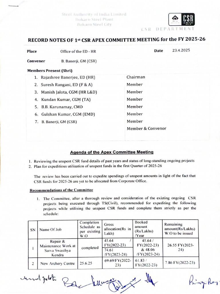 CSR Apex Committee Meeting Fy 2025-26 | PDF