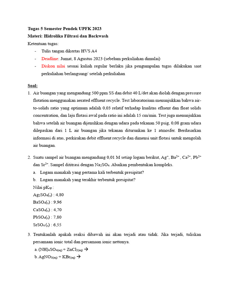 Tugas SP6_UPFK 2023_flotasi, presipitasi, water softening | PDF