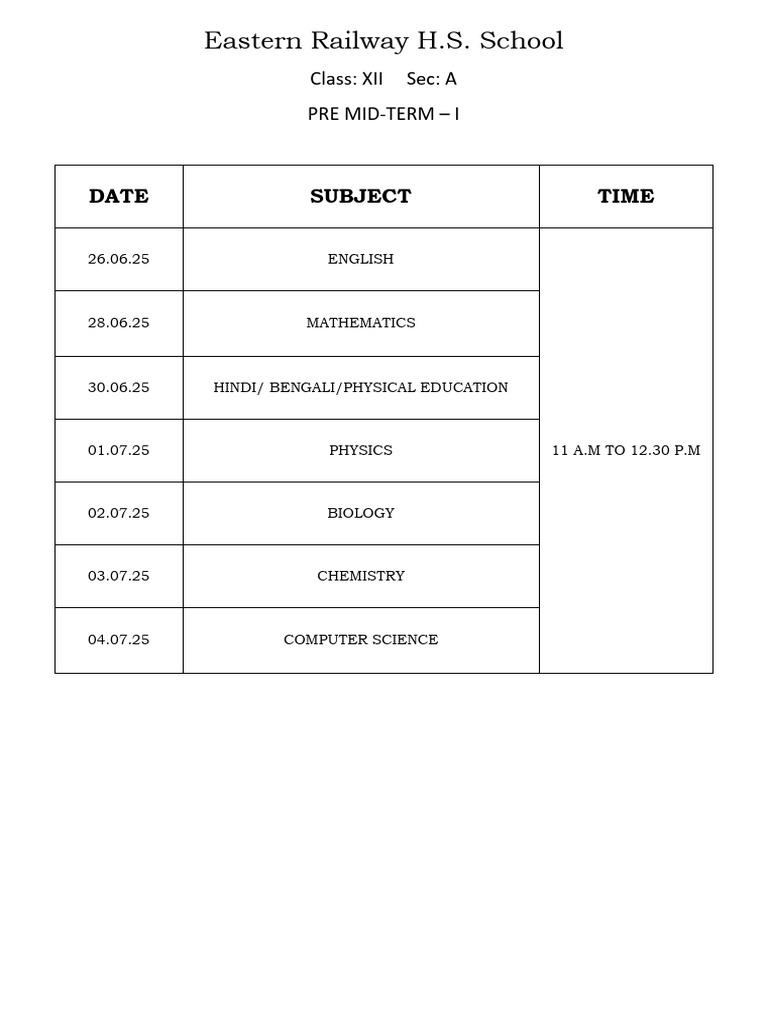 Eastern Railway XII Pre Mid-Term Schedule | PDF