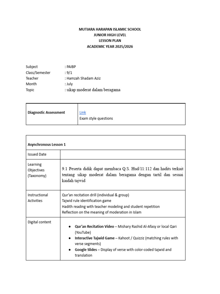 July - Paibp g9 Lesson Plan 2025-2026 | PDF | Quran | Islam