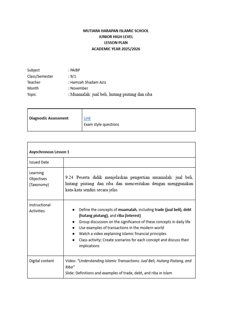 November - Paibp g9 Lesson Plan 2025-2026 | PDF | Quran | Islam