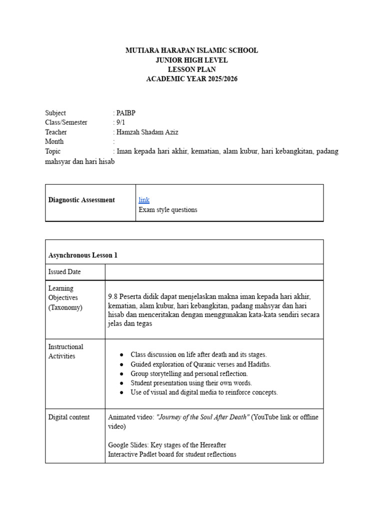 September - Paibp g9 Lesson Plan 2025-2026 | PDF | Quran | Islam