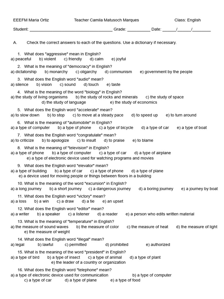 English Vocabulary Quiz Worksheet | PDF