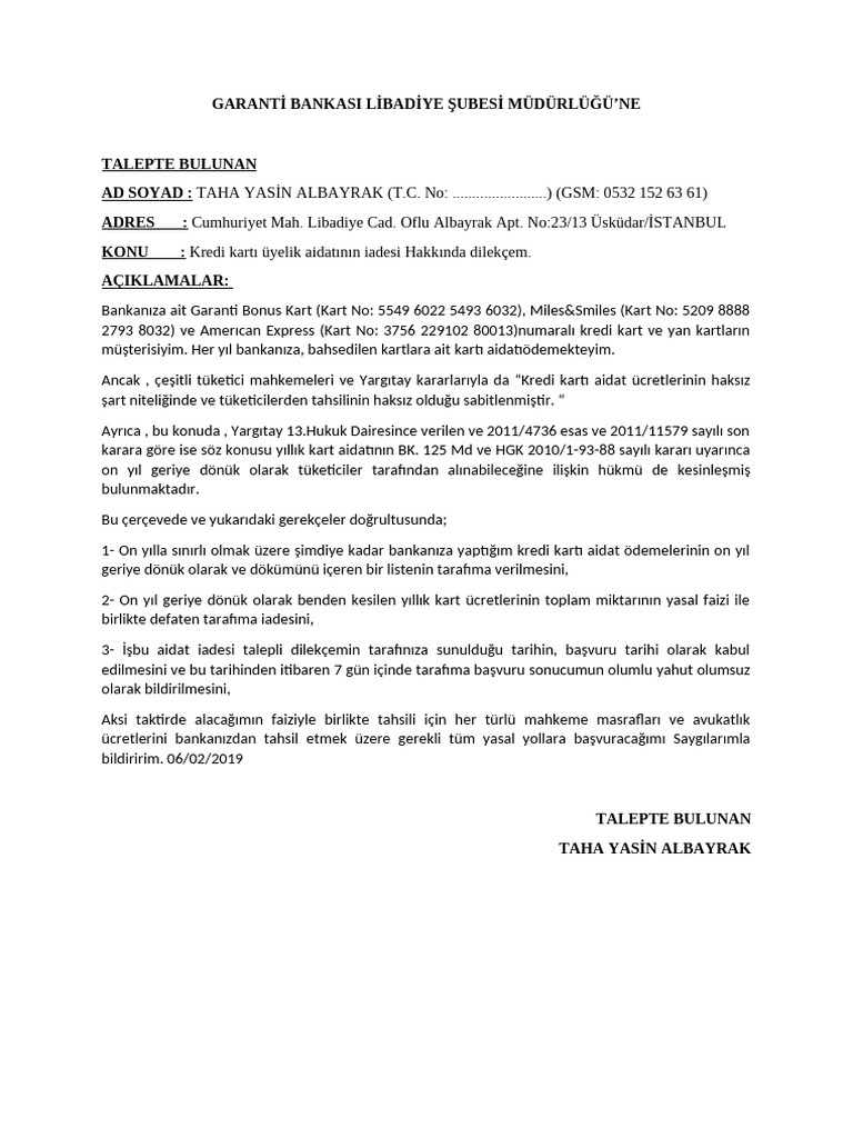 GARANTİ BANKASI Kart Iade Başvurusu | PDF