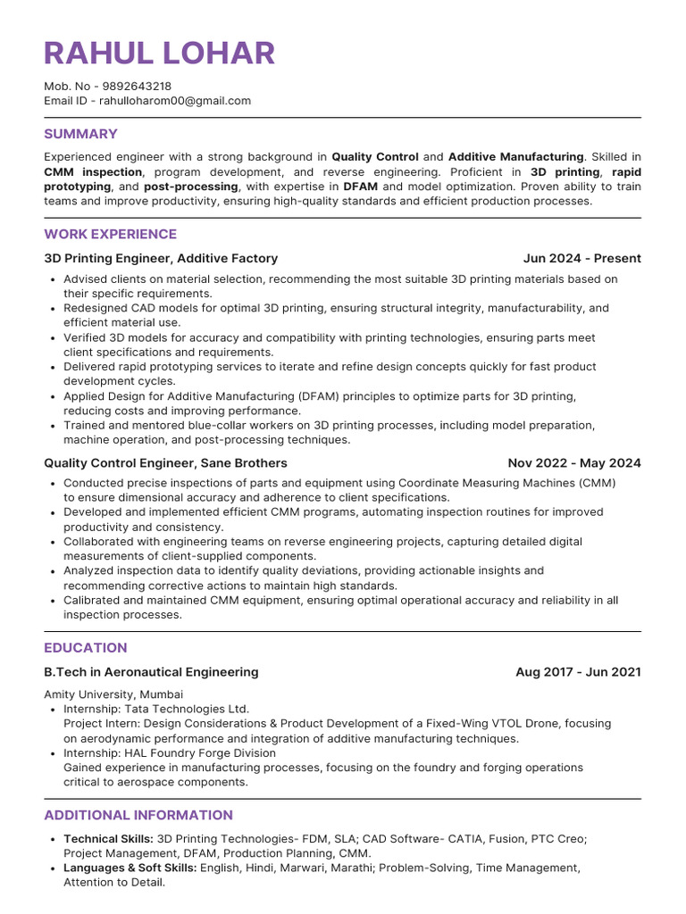 Rahul Lohar Resume 2025 | PDF | 3 D Printing | Engineering