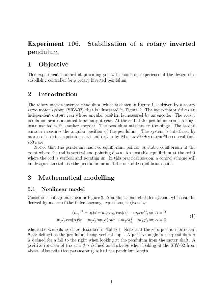 Experiment 106. Stabilisation of A Rotary Inverted Pendulum 1 Objective | PDF | Torque ...