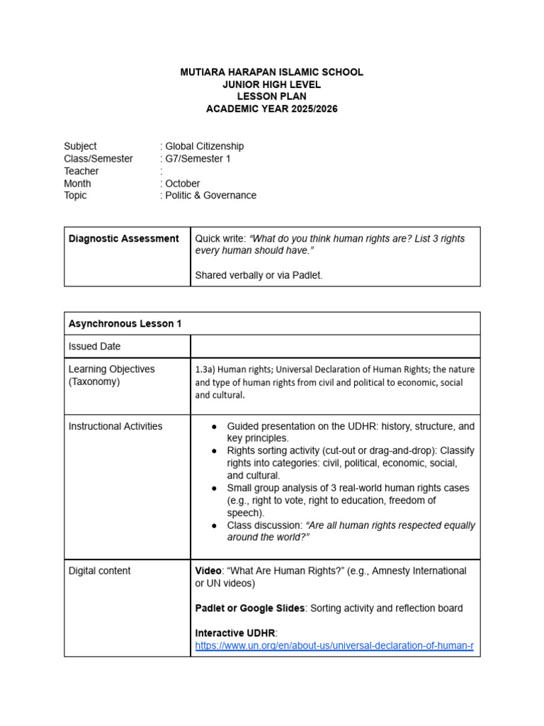 Junior High Human Rights Lesson Plan | PDF | Educational Assessment ...