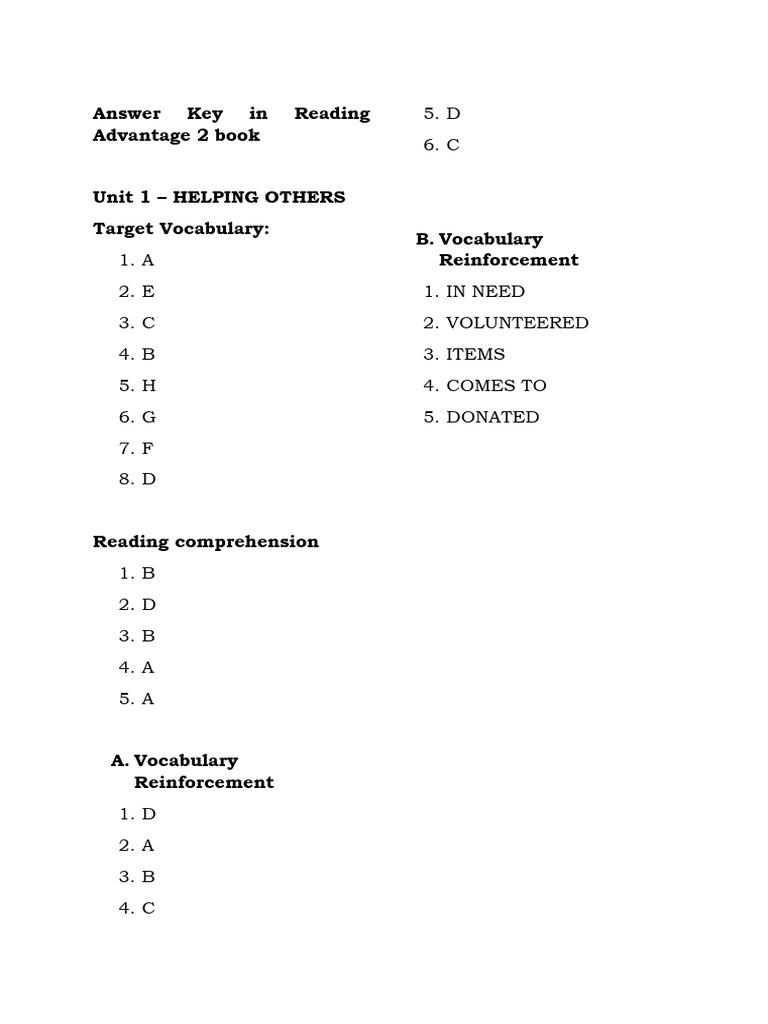 Answer Key in Reading Advantage 2 Book | PDF