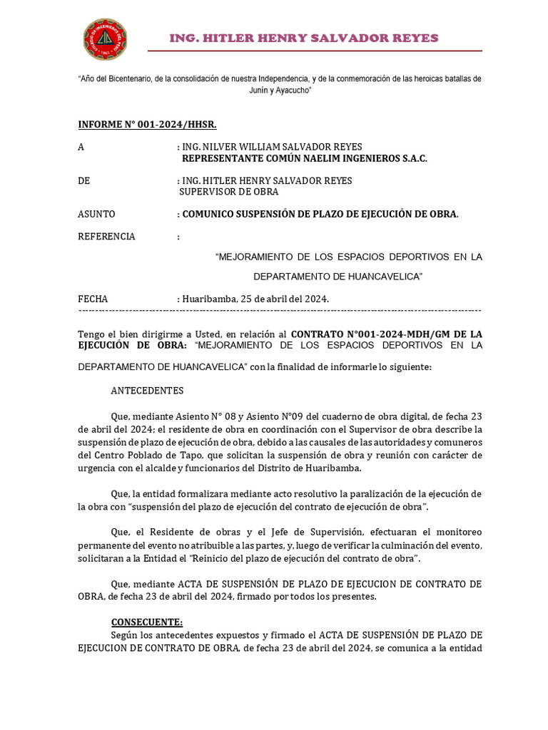 Informe #001 - Suspensión de Obra | PDF