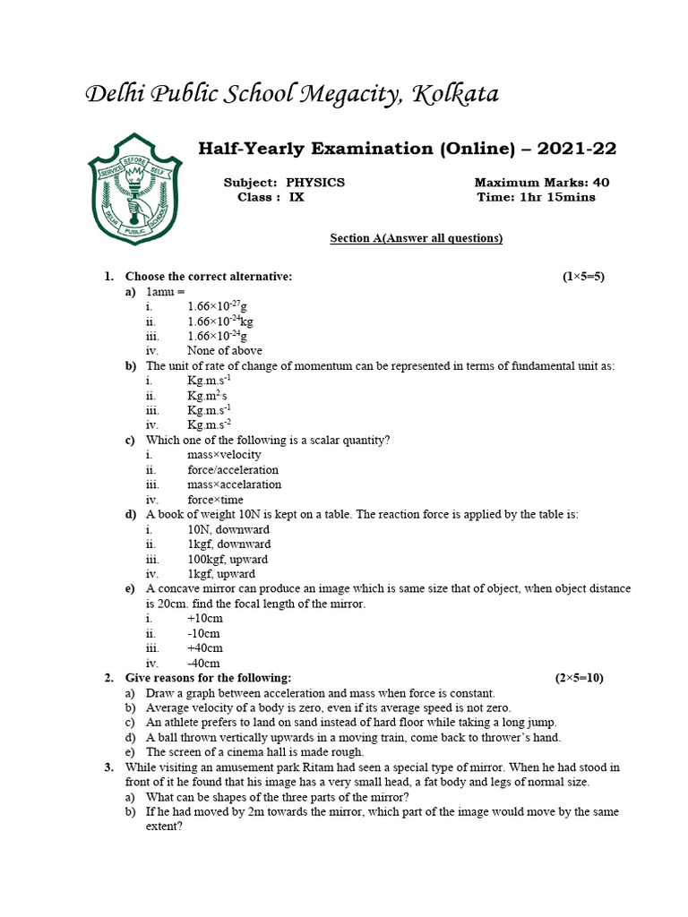 Half Yearly - Class 9-Online | PDF | Force | Mass