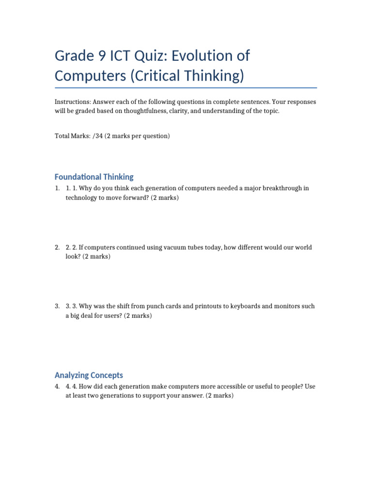 Grade 9 ICT Quiz on Computer Evolution | PDF | Computing | Office Equipment