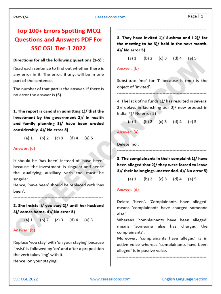 Errors Spotting Question and Answers PDF for Ssc Cgl 2022 Careericons ...