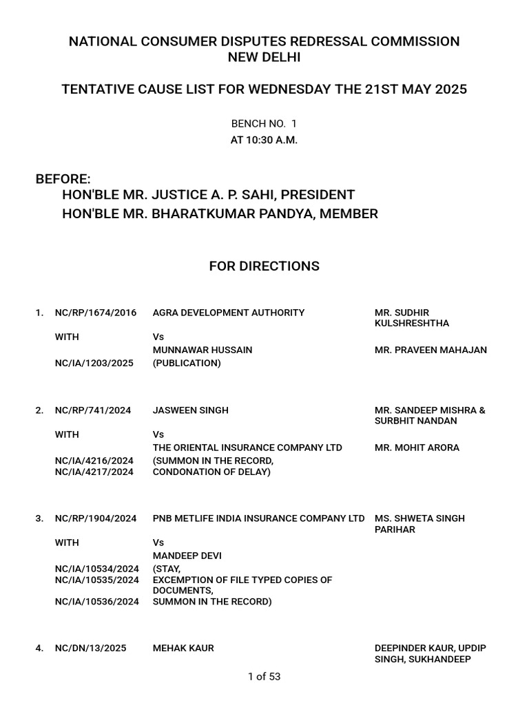 National Consumer Disputes Redressal Commission New Delhi Tentative ...