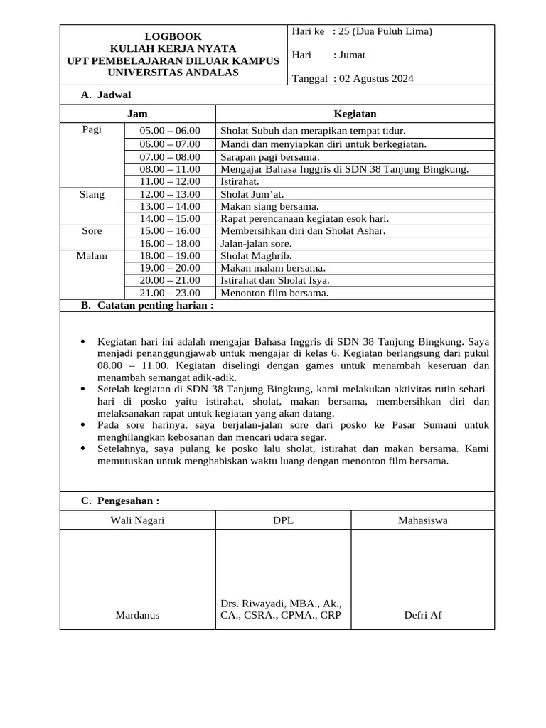 Logbook KKN Universitas Andalas 2024 | PDF