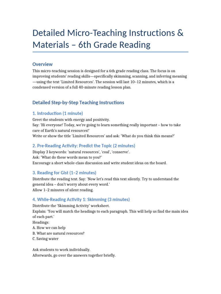Detailed Micro Teaching Instructions and Materials | PDF | Speed Reading | Learning