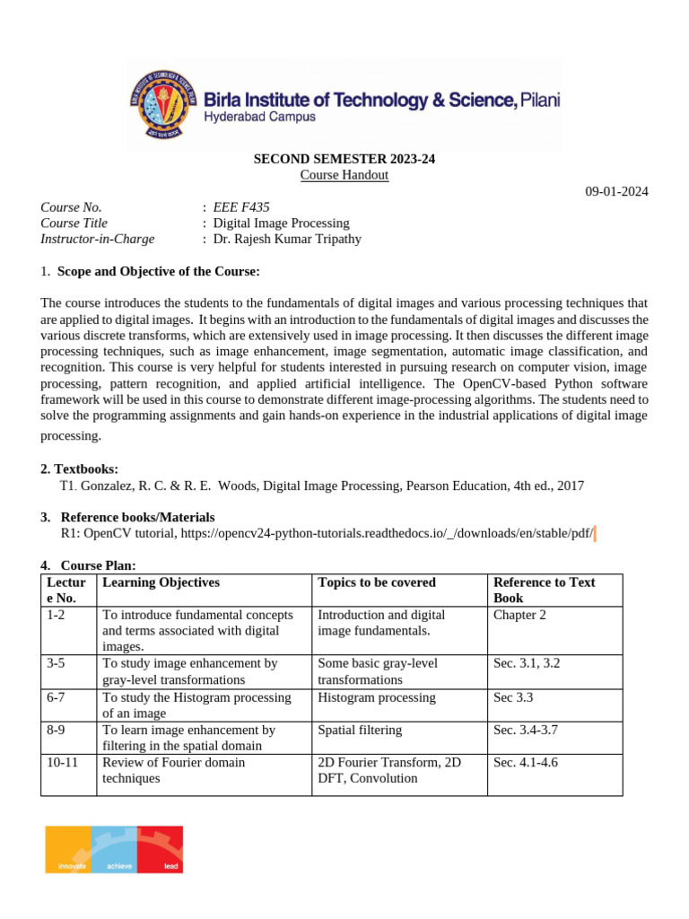 Eee F435 Digital Image Processing L1 | PDF | Image Segmentation | Computer Vision