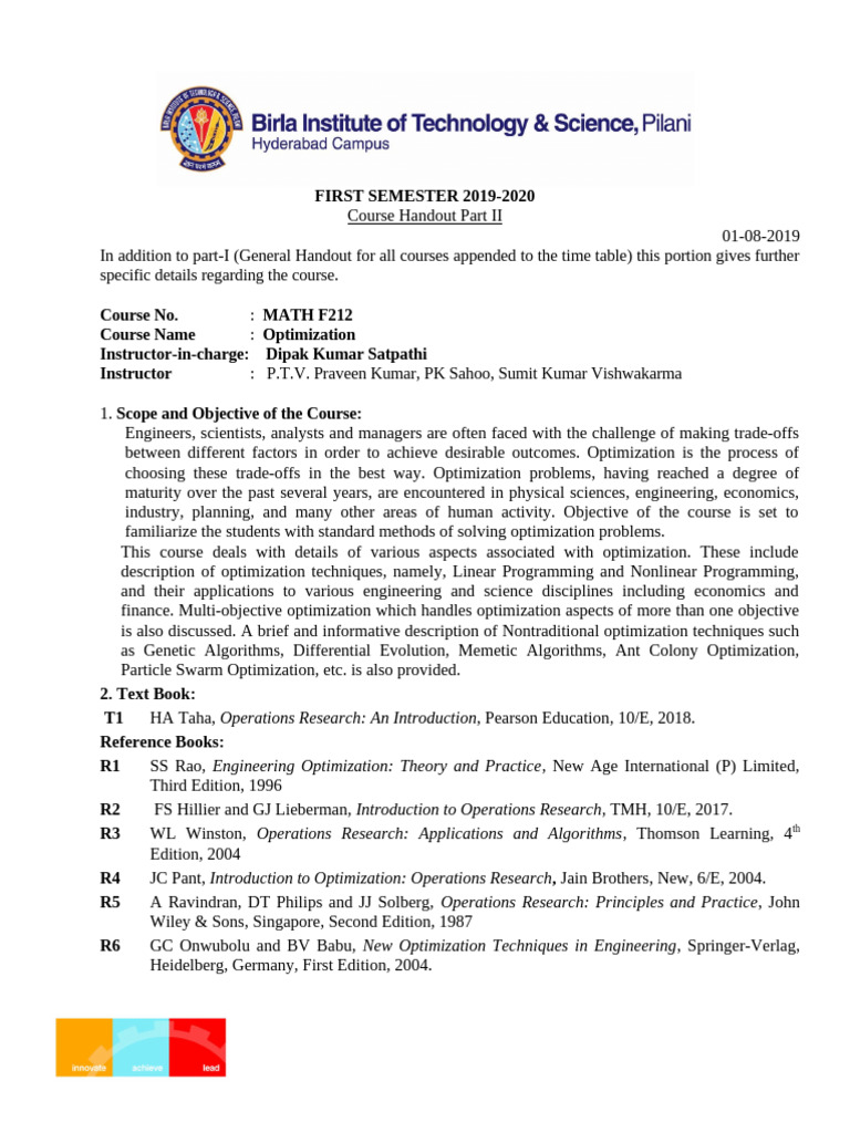 Math F212 Optimization - Handout | PDF | Mathematical Optimization | Theoretical Computer Science