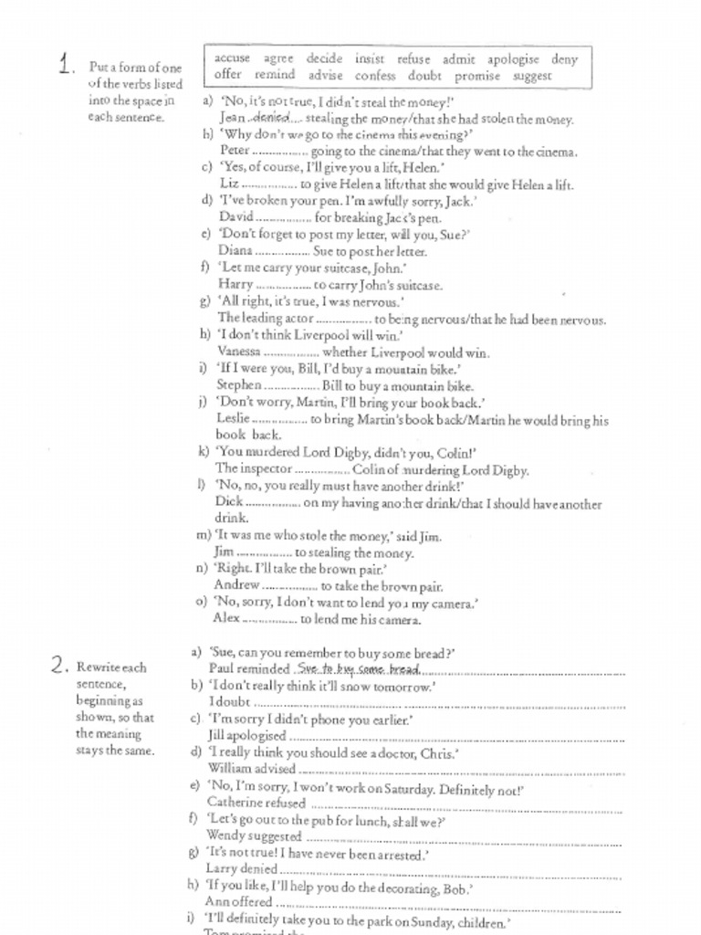Reporting Verbs Exercises | PDF