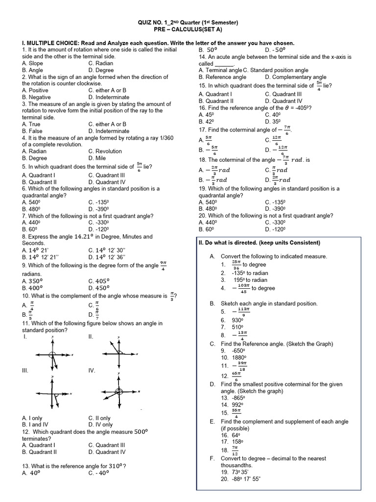 Pre-Calculus Quiz: Angles and Measures | PDF | Angle | Cartesian ...
