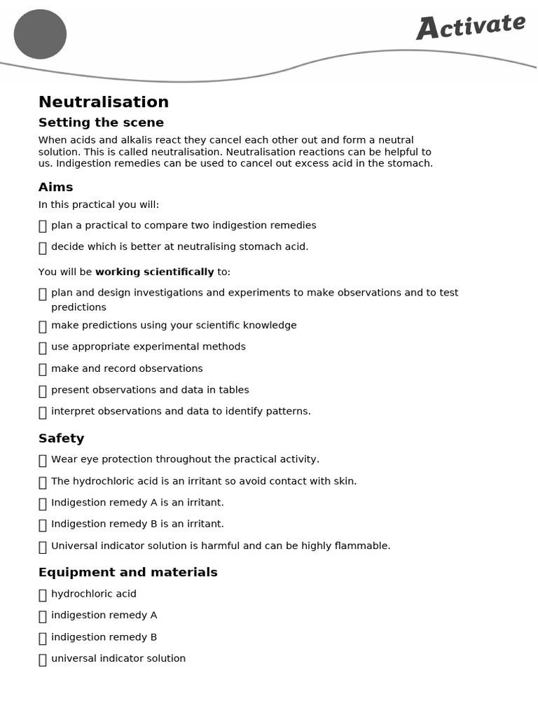 Indigestion Remedies Neutralisation Experiment | PDF
