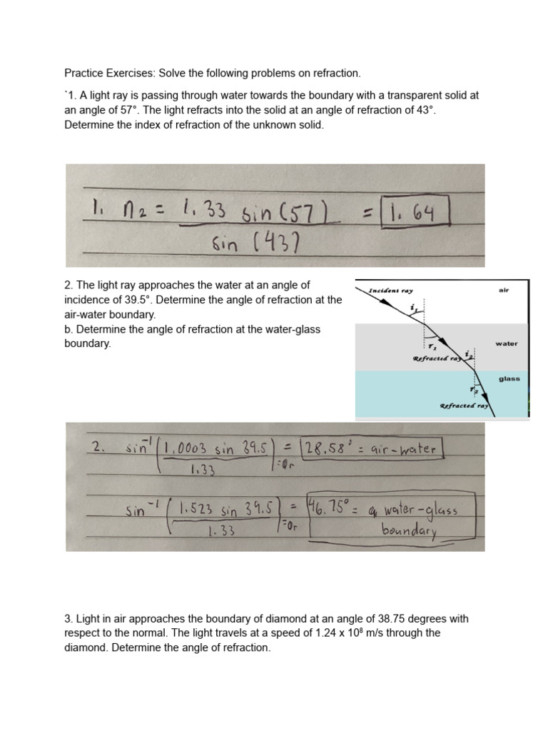 Refraction Practice Exercises | PDF