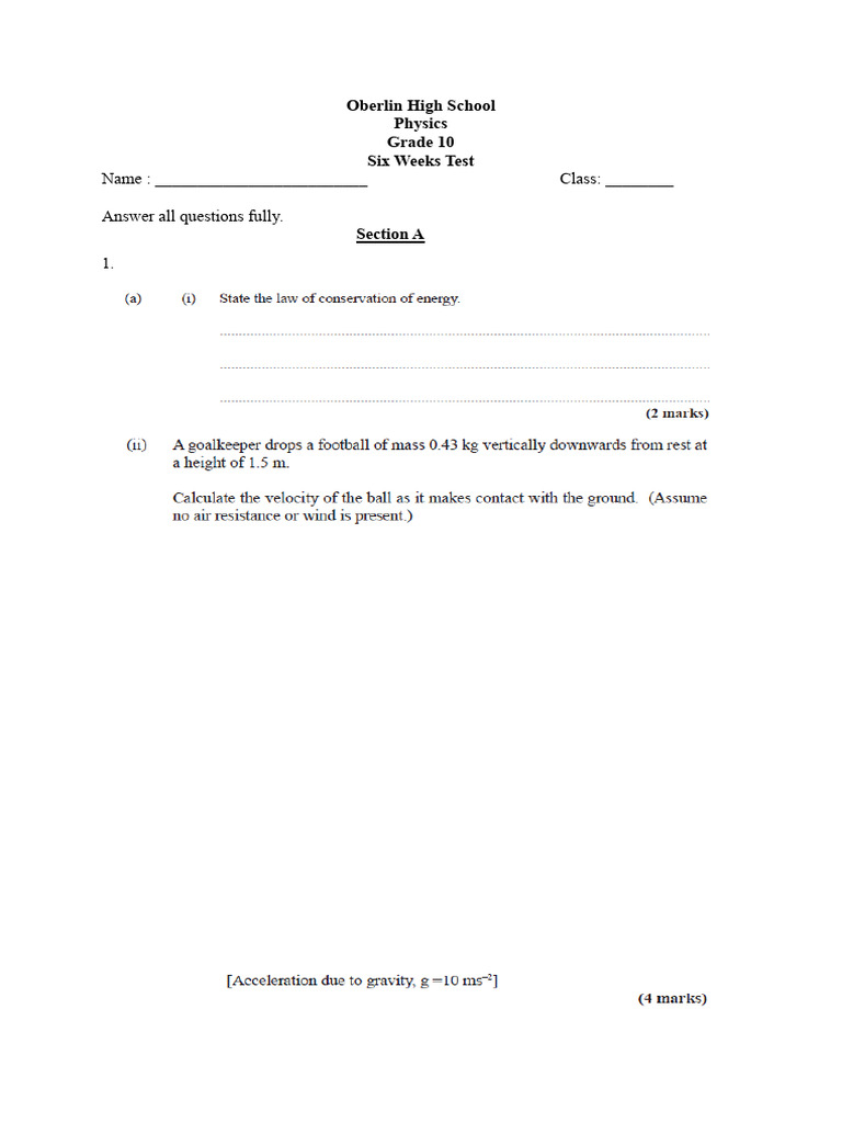 Grade 10 Physics Test 2 - 2025 | PDF