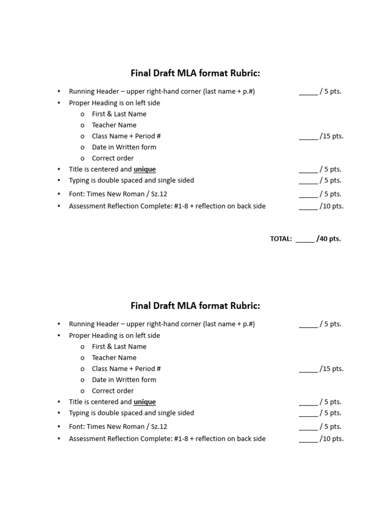 Final Draft MLA Format Rubric | PDF
