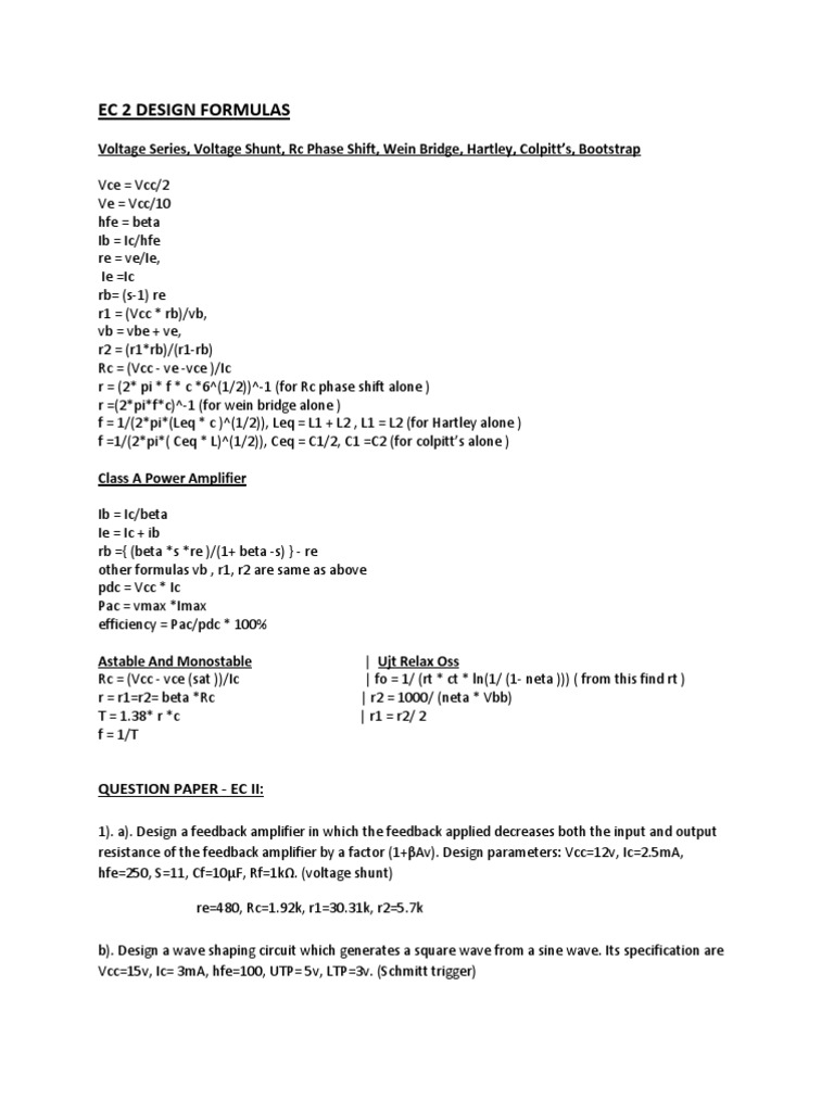 Ec 2 Design Formulas | PDF | Feedback | Electronic Oscillator