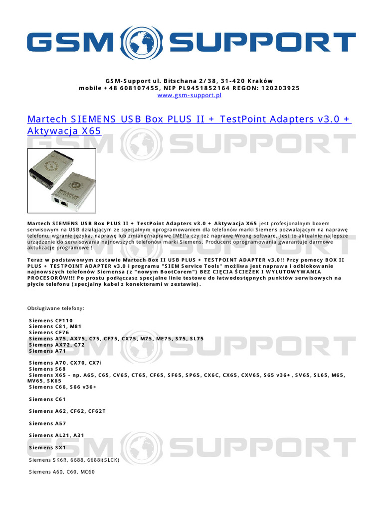 Martech Siemens Usb Box Plus II + Testpoint - Gsm-Support | PDF