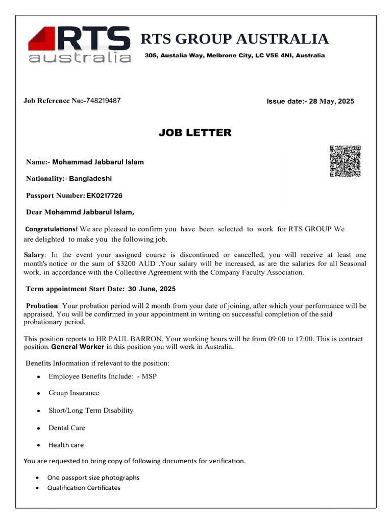 Rts Group Australia: Job Letter | PDF
